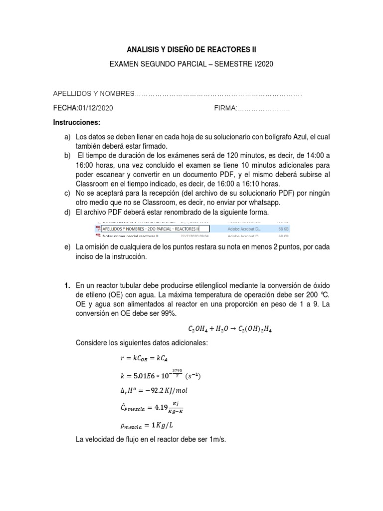 Examen Segundo Parcial-Reactores Ii-1-2020 | PDF | Motor a reacción | Ingeniería Química