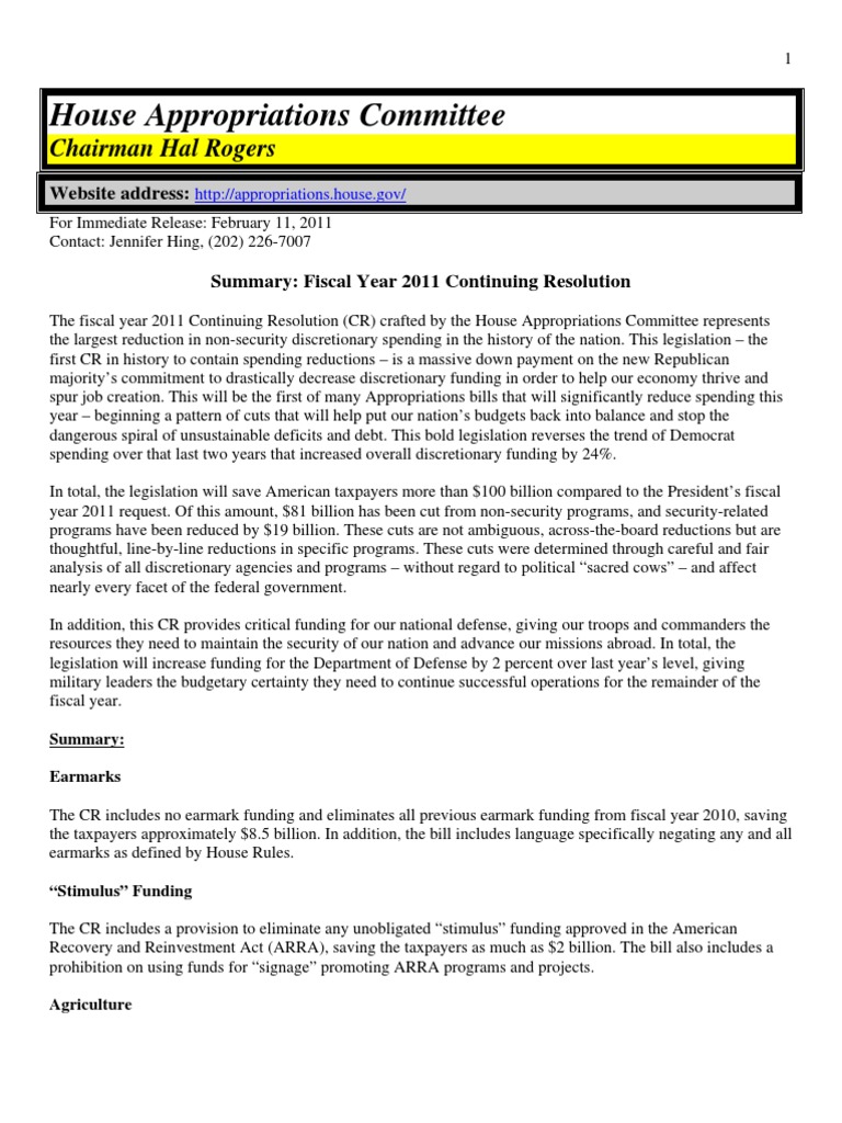 Continuing Resolution (H.R. 1) 2011 | PDF | American Recovery And ...