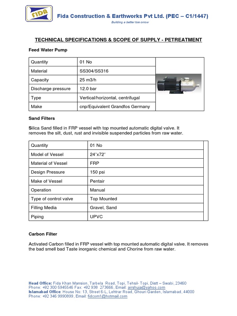 Technical Specs WFP | PDF | Filtration | Chemistry