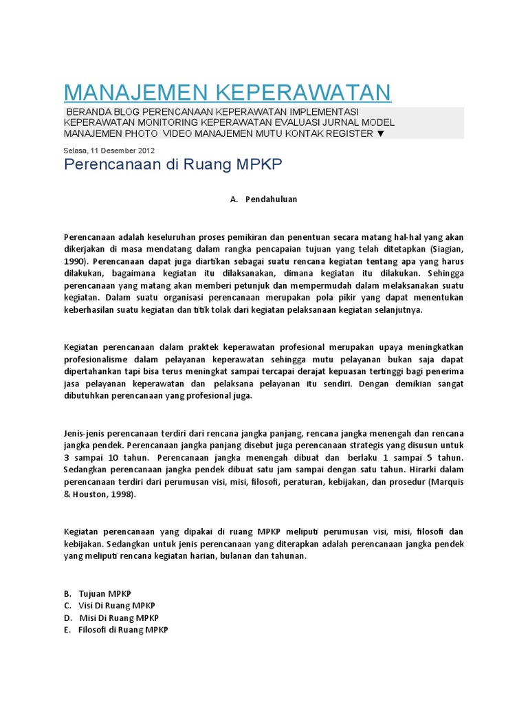 Manajemen Keperawatan: Perencanaan Di Ruang MPKP | PDF