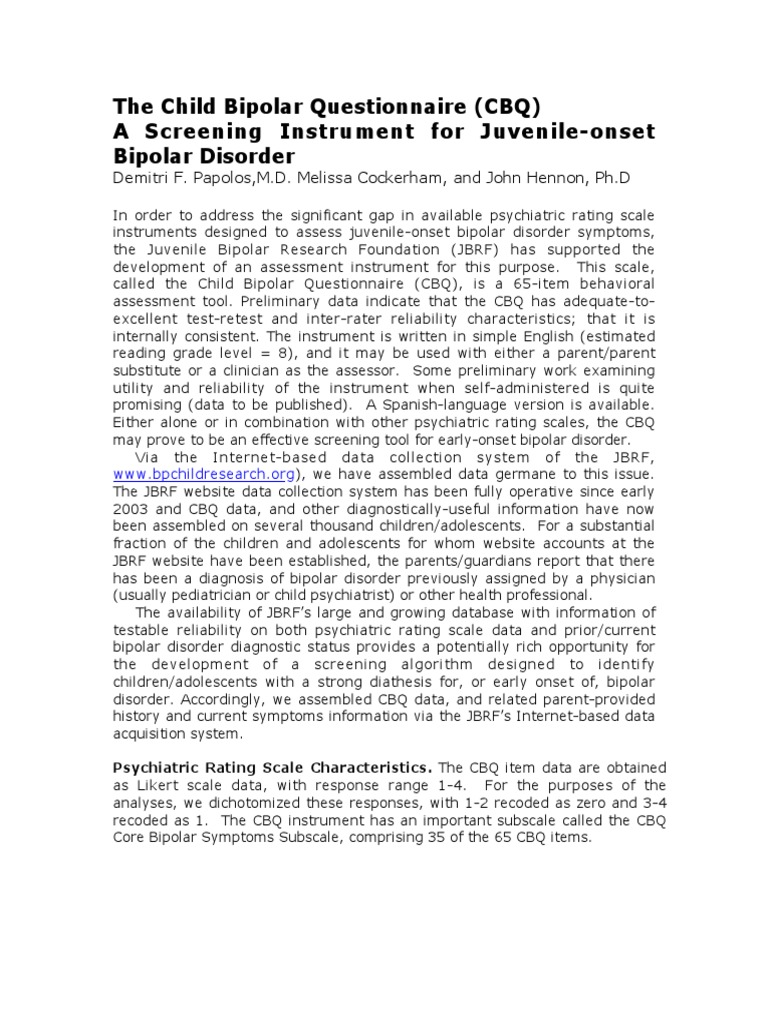 The Child Bipolar Questionnaire (CBQ) A Screening Instrument For ...