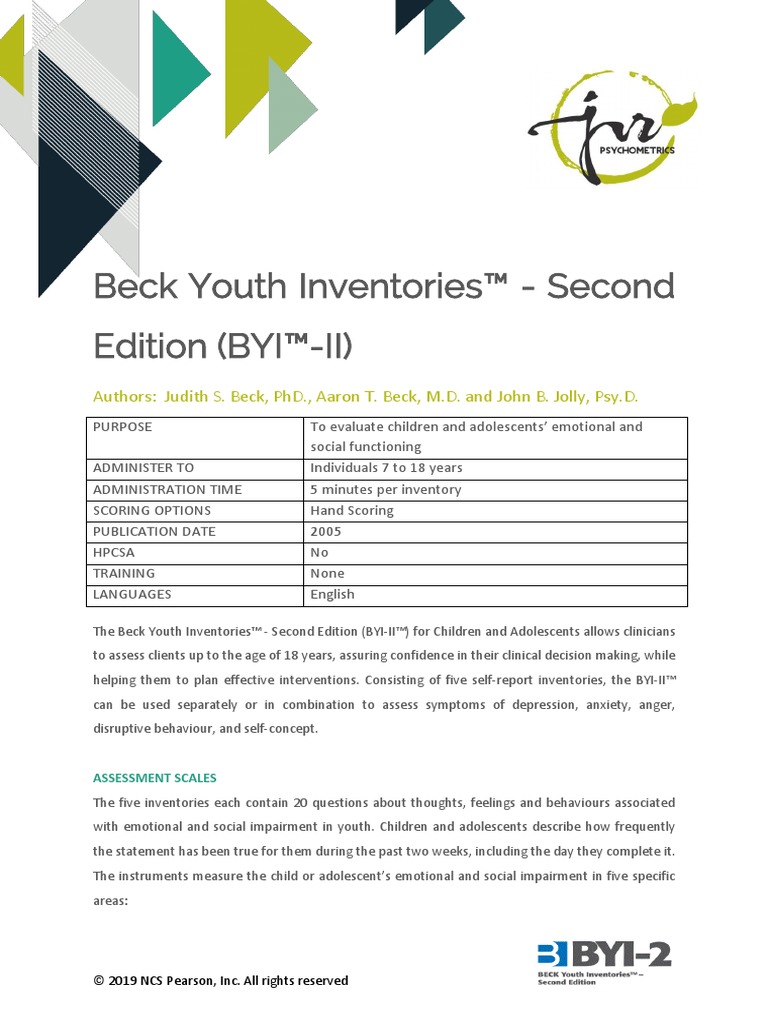 Beck Youth Inventories™ - Second Edition (BYI™-II) | PDF | Adolescence ...