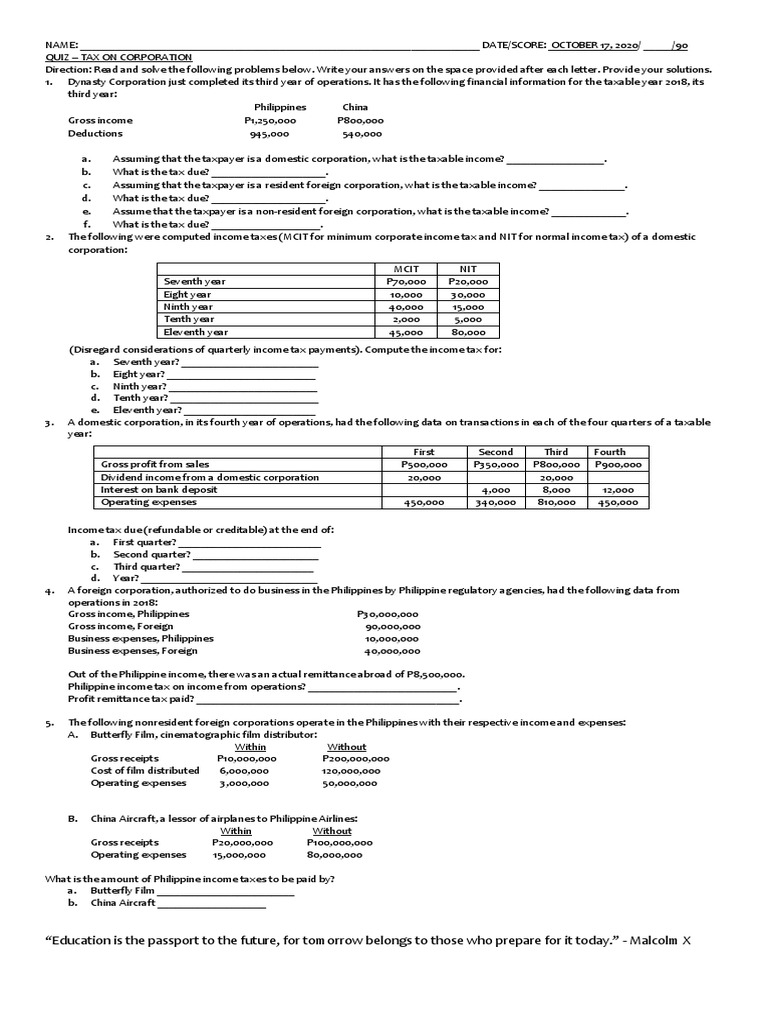 Income Tax Quiz | PDF | Gross Income | Income Tax