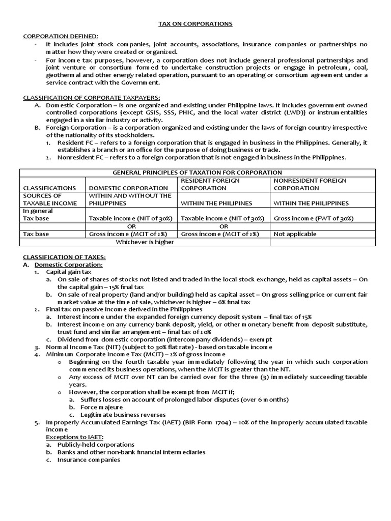Tax On Corporation - Notes | PDF | Gross Income | Dividend