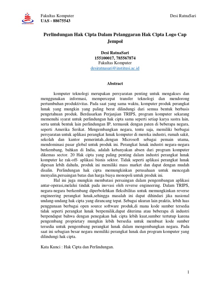Perlindungan Hak Cipta Dalam Pelanggaran Hak Cipta Logo Cap Jempol PDF | PDF | Komputer
