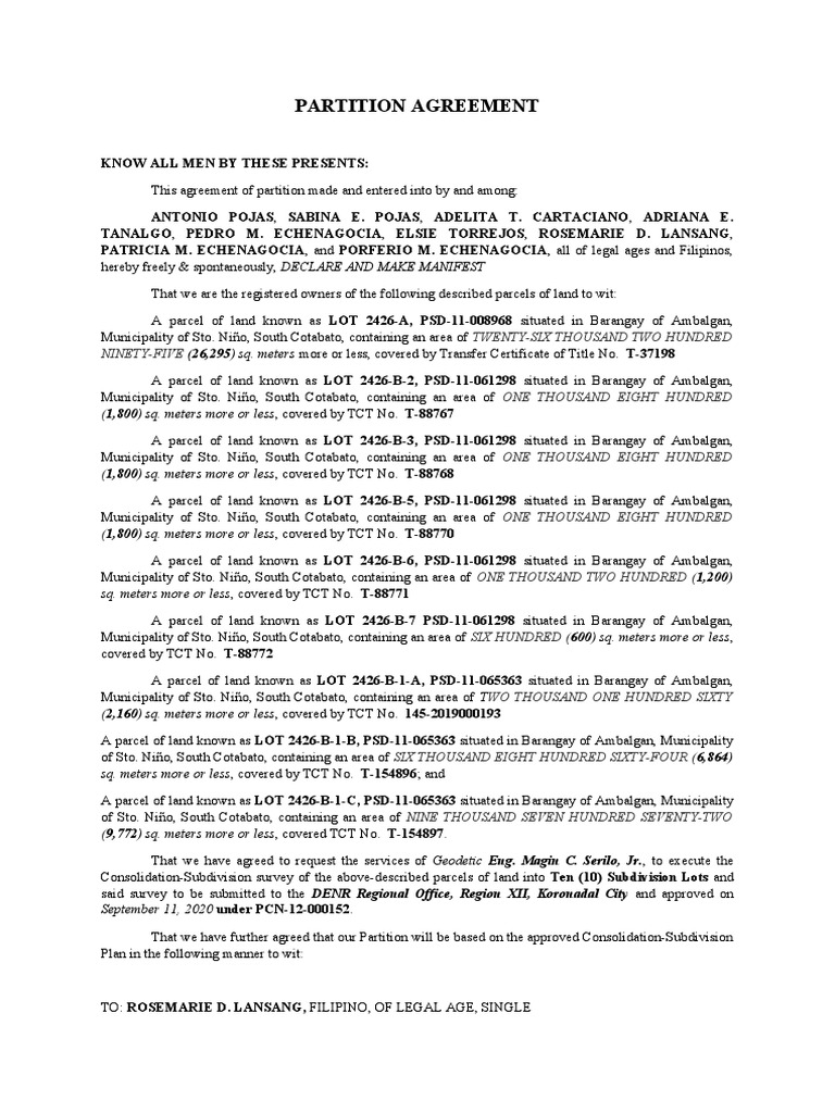 Partition Agreement: (26,295) Sq. Meters More or Less, Covered by ...