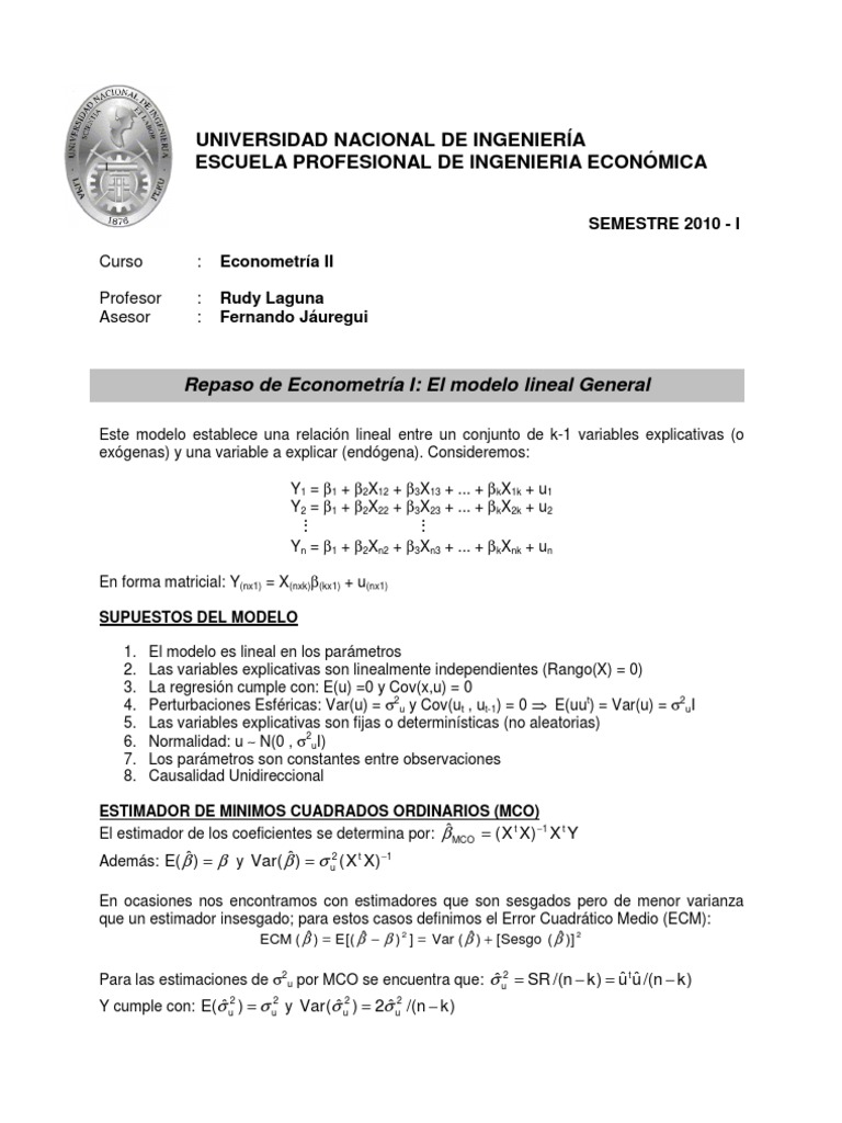Repaso de Econometría I | PDF | Mínimos cuadrados ordinarios | Multicolinealidad
