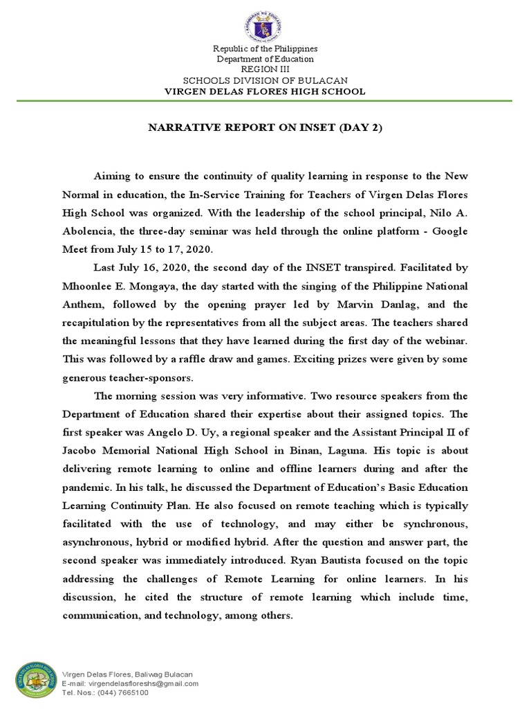 Inset Day 2 Narrative Report | PDF | Teachers | Learning