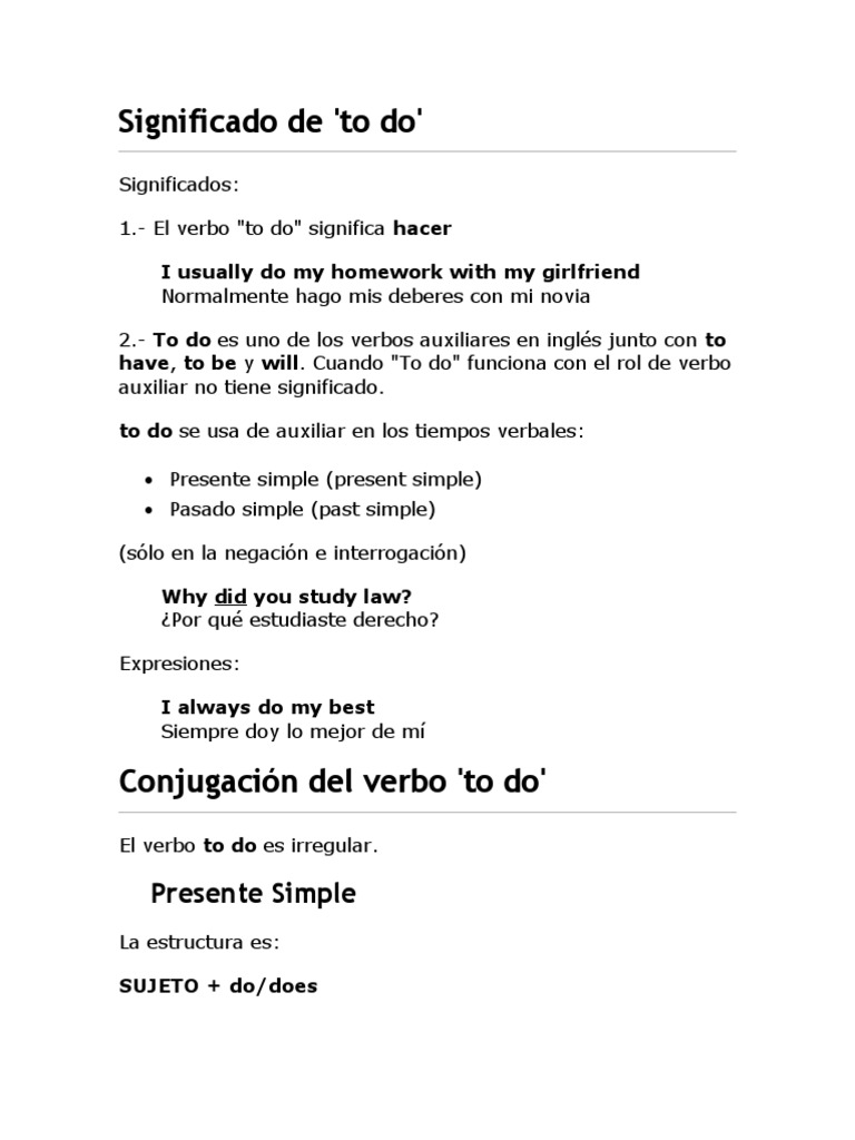 Verbo To Do (Hacer) | Descargar gratis PDF | Verbo | Conjugación gramatical