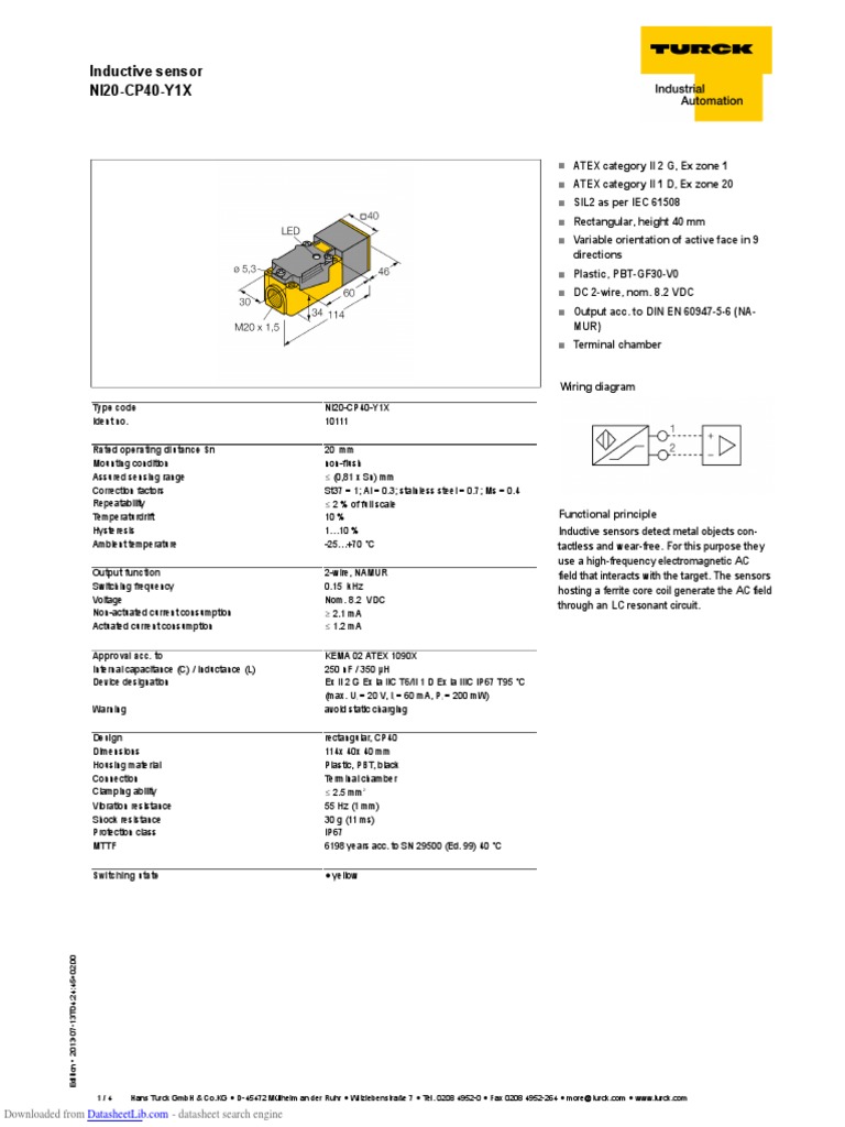 Inductive Sensor NI20-CP40-Y1X: Type Code | PDF | Electrical Connector ...