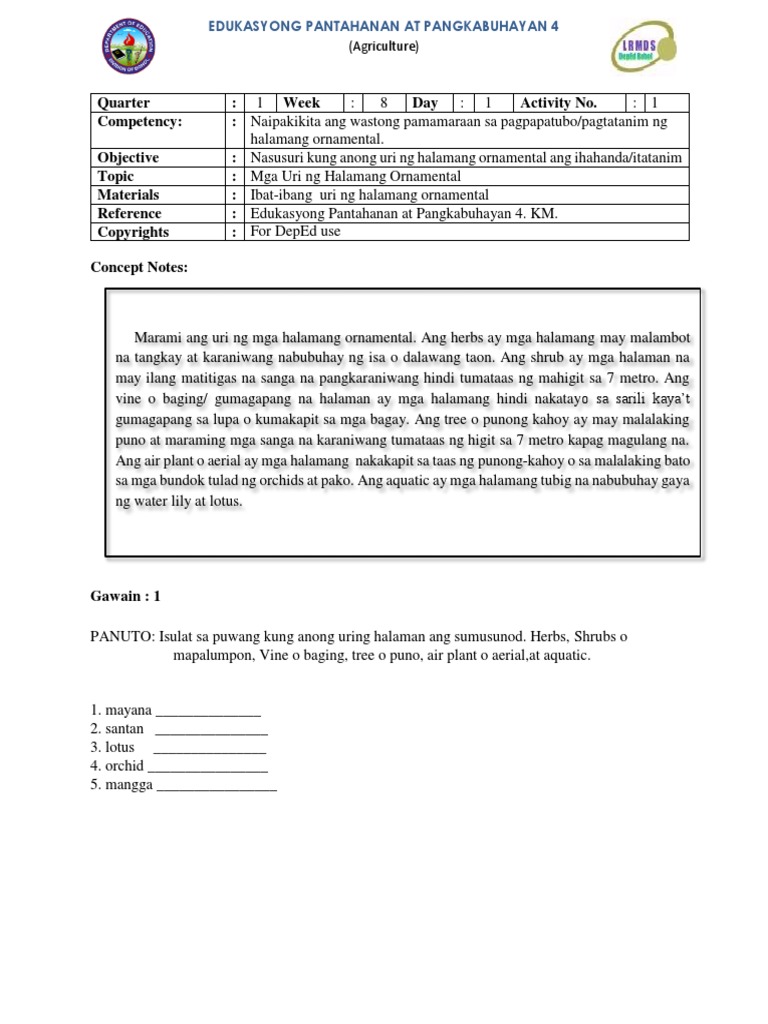 Epp4 Ag Q1 Las WK8 D1 | PDF