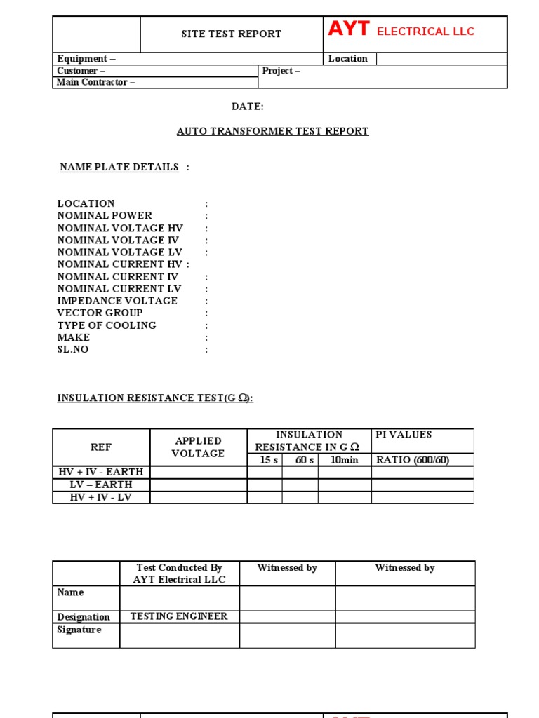 Auto Transformer Test Report Findings | PDF