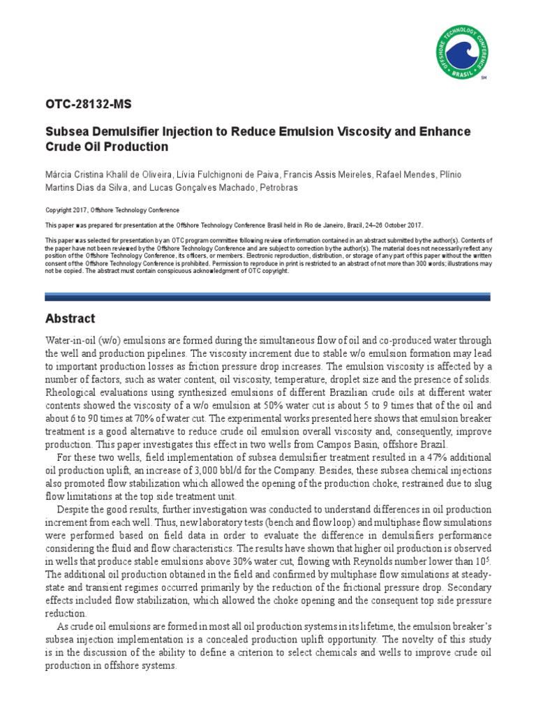 OTC-28132-MS Subsea Demulsifier Injection To Reduce Emulsion Viscosity ...
