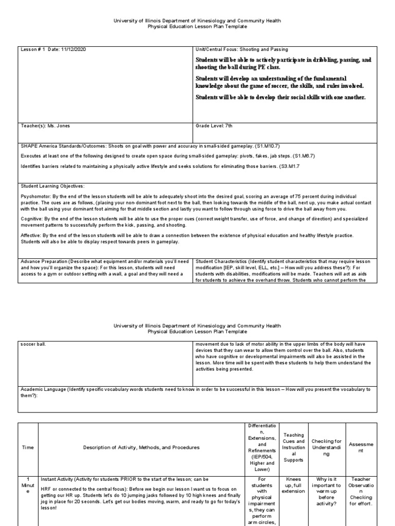 7th Grade Soccer Skills Lesson | PDF | Physical Education ...