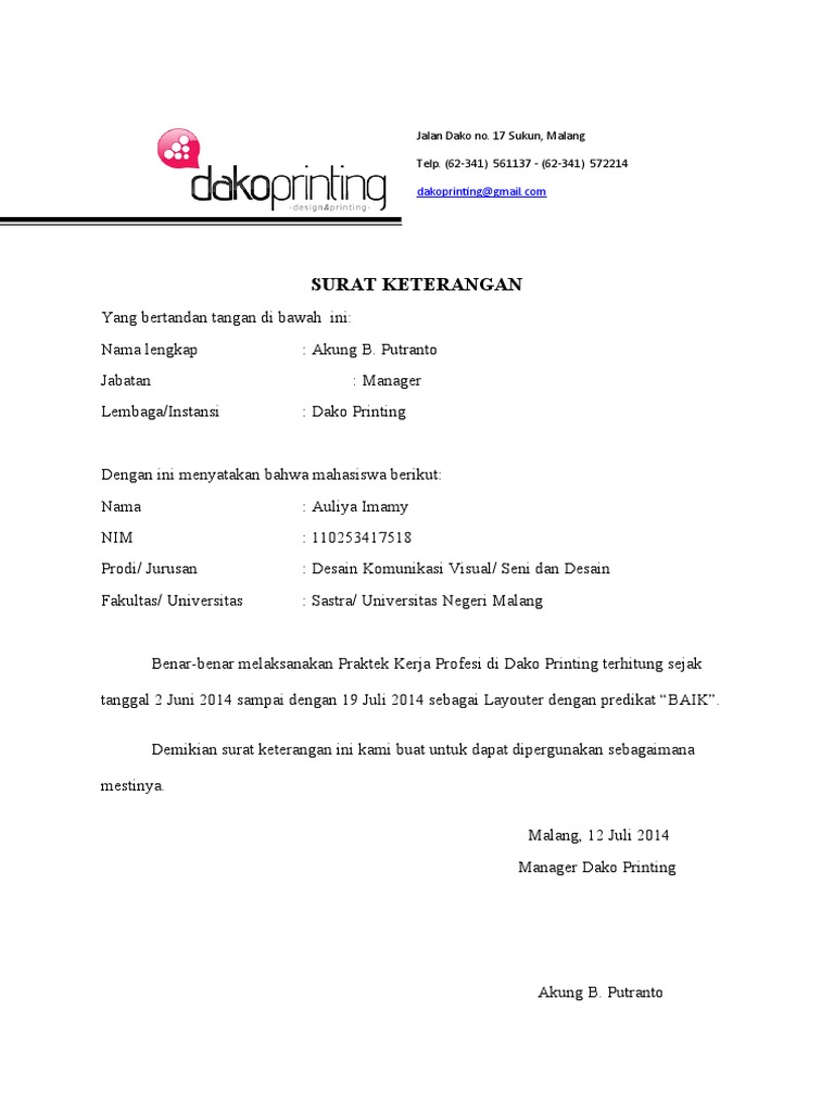 Surat Keterangan Telah Magang | PDF