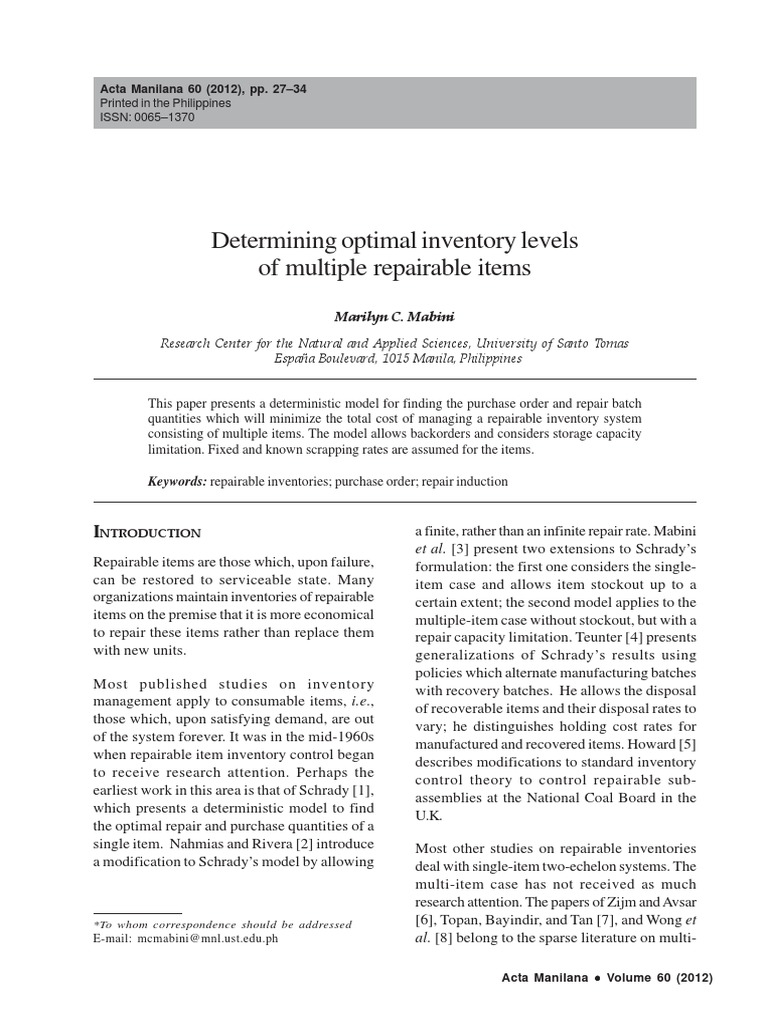 Determining Optimal Inventory Levels of Multiple Repairable Items | PDF | Inventory ...