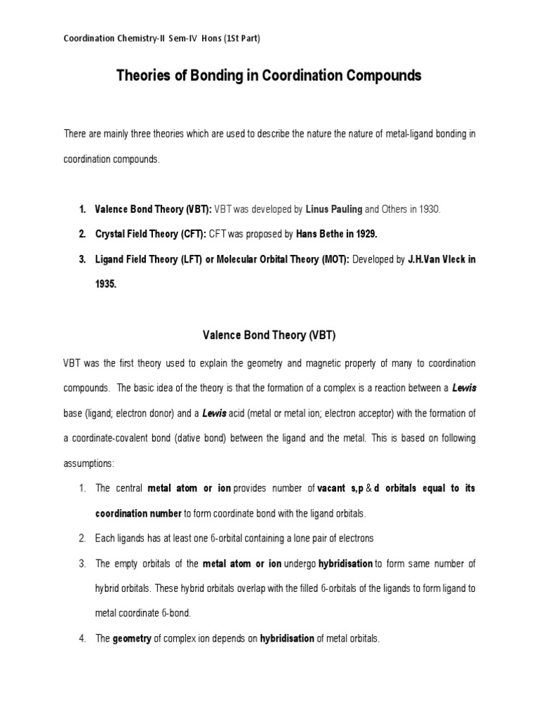 Theories of Metal-Ligand Bonding in Coordination Compounds: An Overview ...