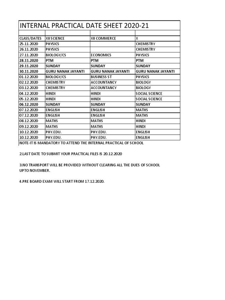 Practical Date Sheet | PDF