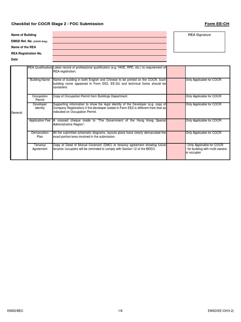 Form EE-CH Checklist For COCR Stage 2 / FOC Submission: Name of ...