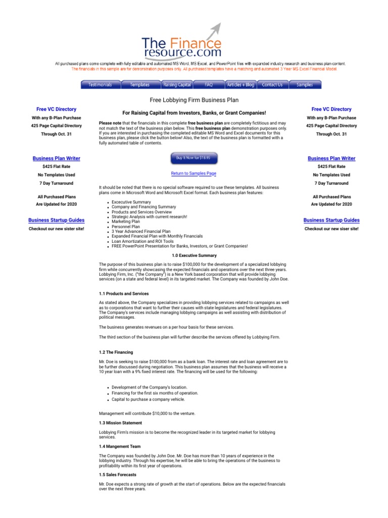 Free Lobbying Firm Business Plan Template | PDF | Competition | Stocks