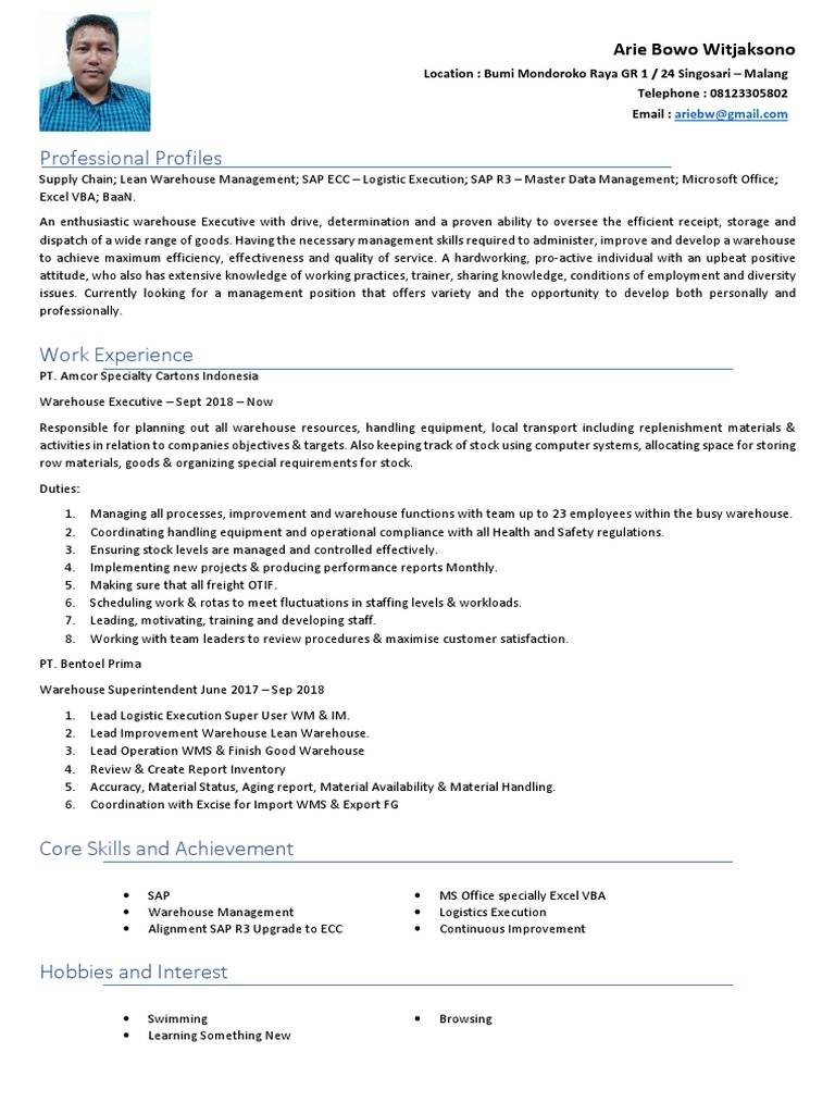 Arie Bowo Witjaksono CV | PDF | Warehouse | Logistics