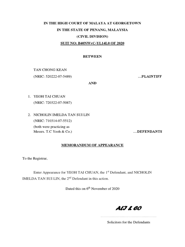 Memorandum of Appearance Sample | PDF