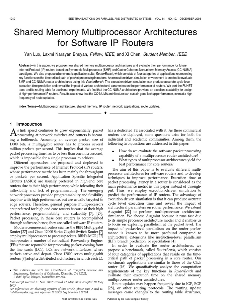 Shared Memory Multiprocessor Architectures For Software IP Routers | PDF | Router (Computing ...