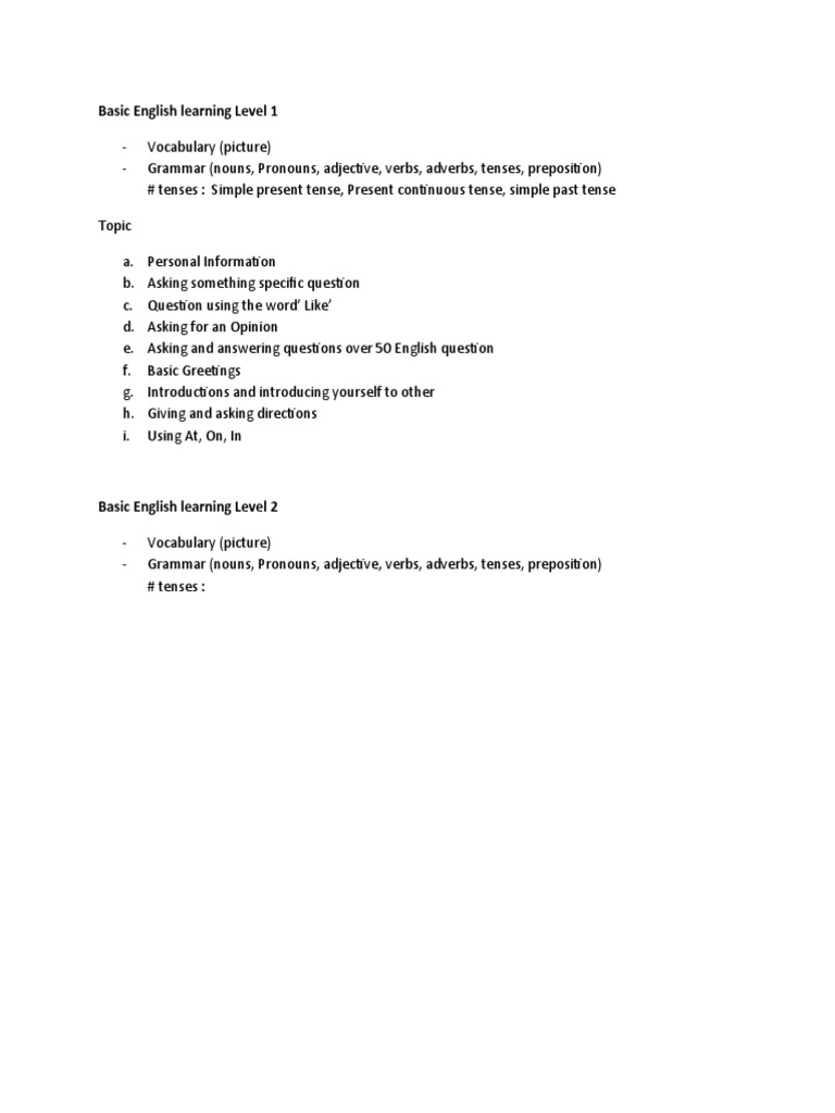 Basic English Learning: Levels 1 & 2 Guide | PDF