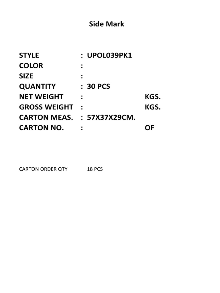 Side Mark: Carton Order Qty 18 PCS | PDF