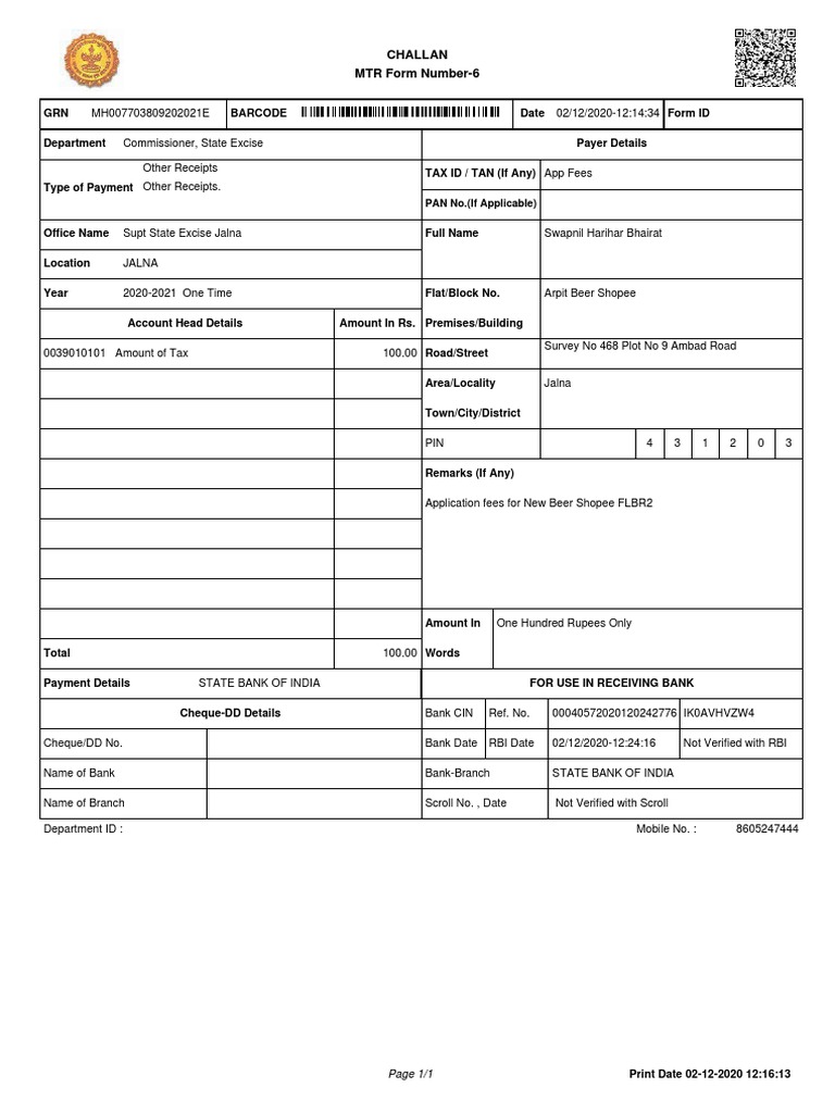 Challan MTR Form Number-6: PAN No. (If Applicable) | PDF | Payments ...