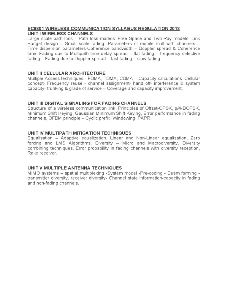 Ec6801 Wireless Communication Syllabus Regulation 2013 Unit I Wireless Channels | PDF