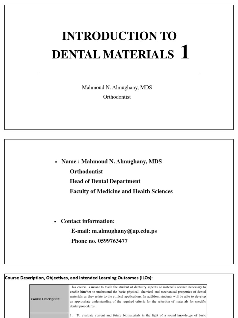Lec 1 Introduction To Dental Materials | PDF | Dental Material | Polymers