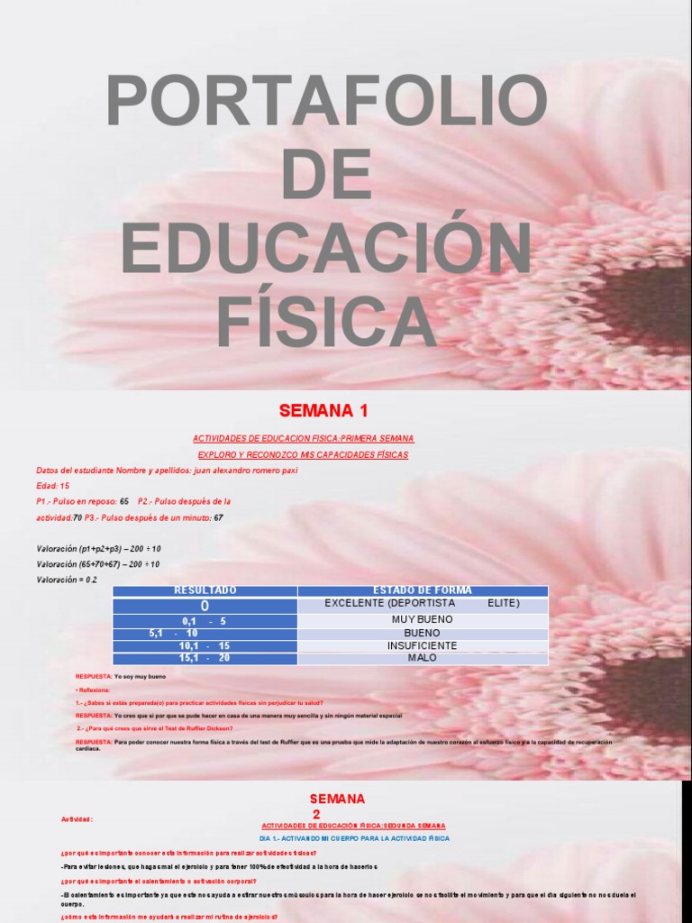 Portafolio de educación física muestra progreso semanal en habilidades y conocimientos | PDF ...