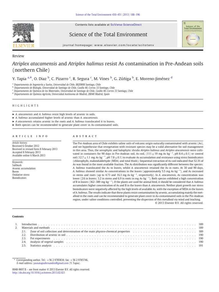 Atriplex Atacamensis and Atriplex Halimus Resist As Contamination in ...