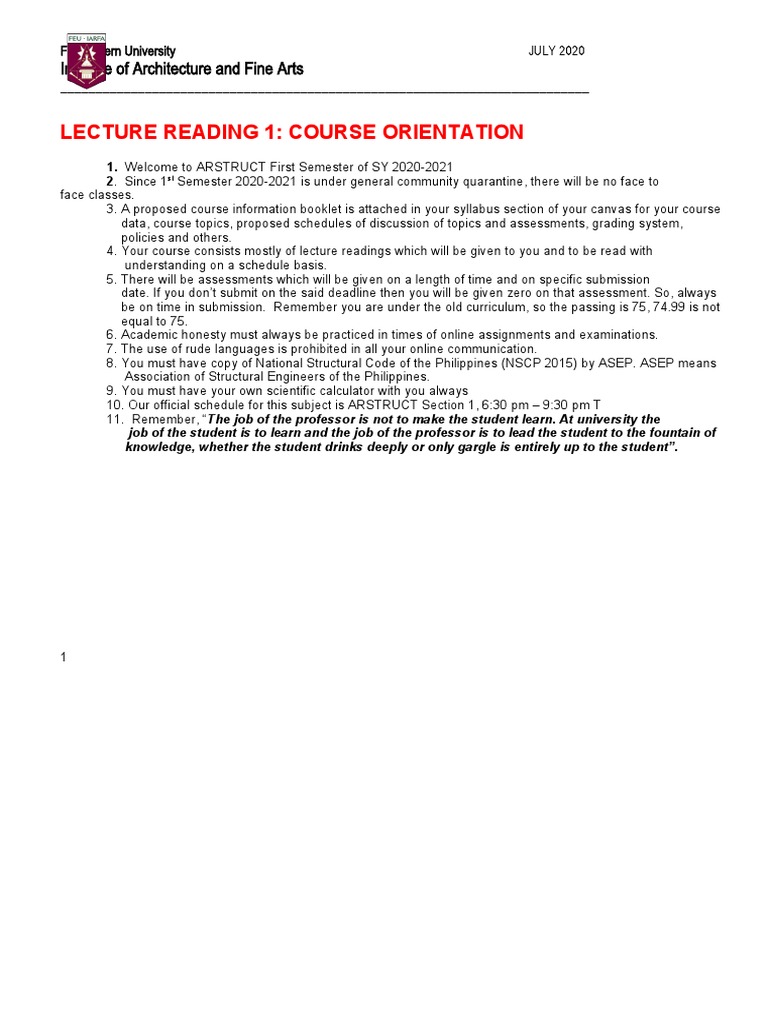 Lecture Reading 1: Course Orientation: Institute of Architecture and ...