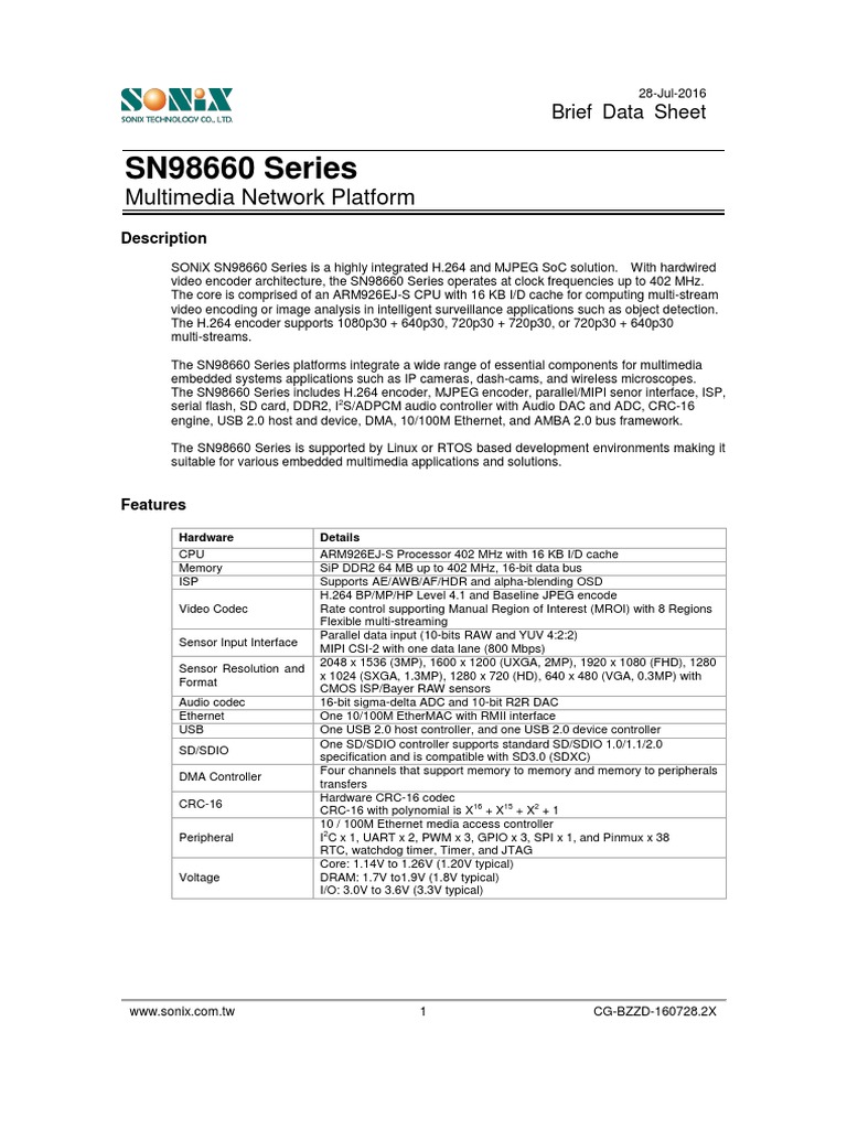 SN98660 Series: Multimedia Network Platform | PDF | Usb | Embedded System