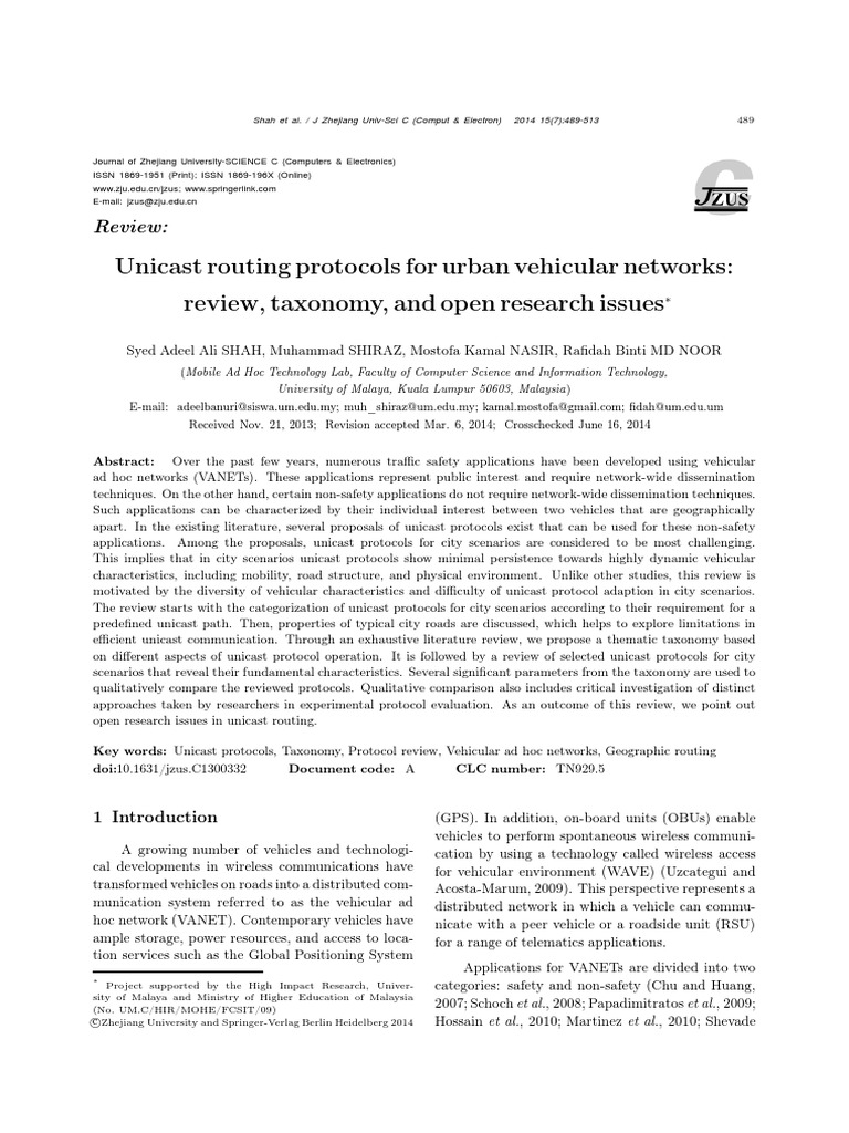 Unicast Routing Protocols For Urban Vehicular Networks Review