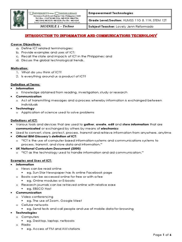 1 - Introduction To ICT | PDF | Educational Technology | Augmented Reality