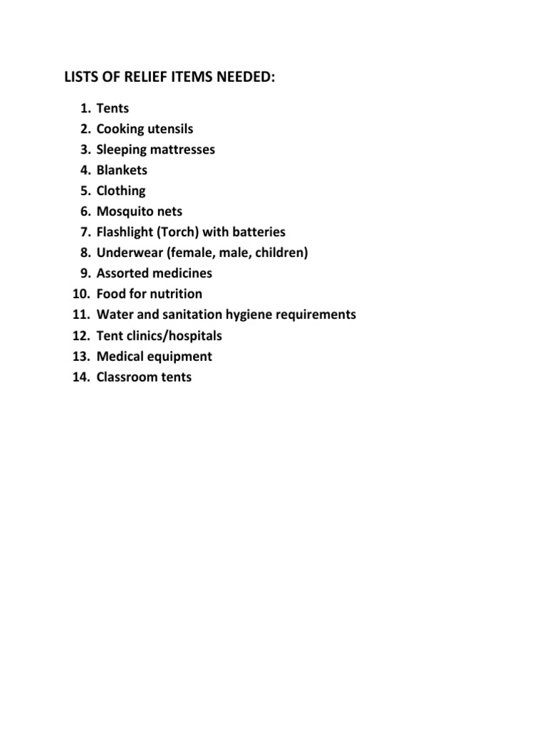 Essential Relief Items Needed List | PDF | Wellness