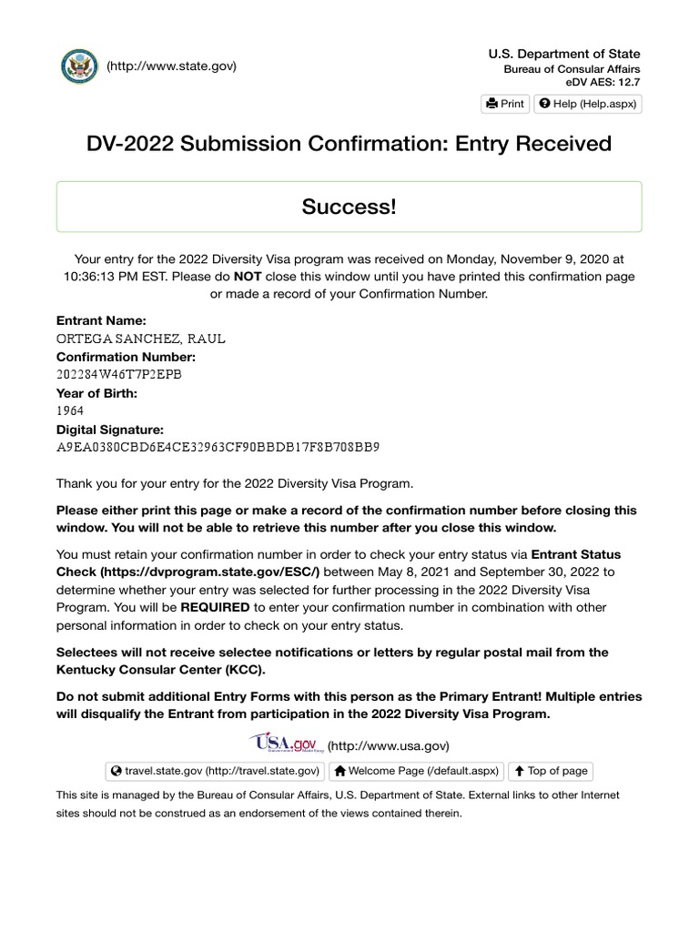 DV-2022 Submission Confirmation: Entry Received Success! | PDF