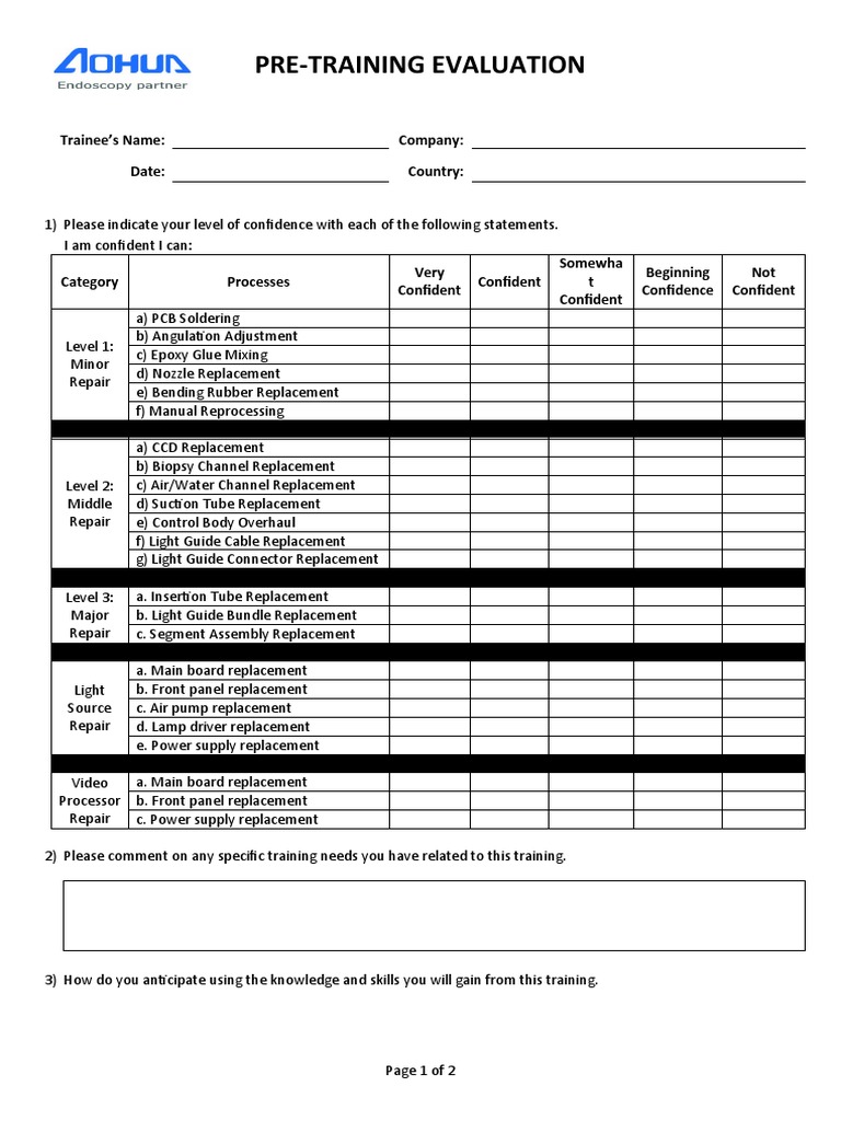 Pre-Training Evaluation: Trainee's Name: Company: Date: Country | PDF