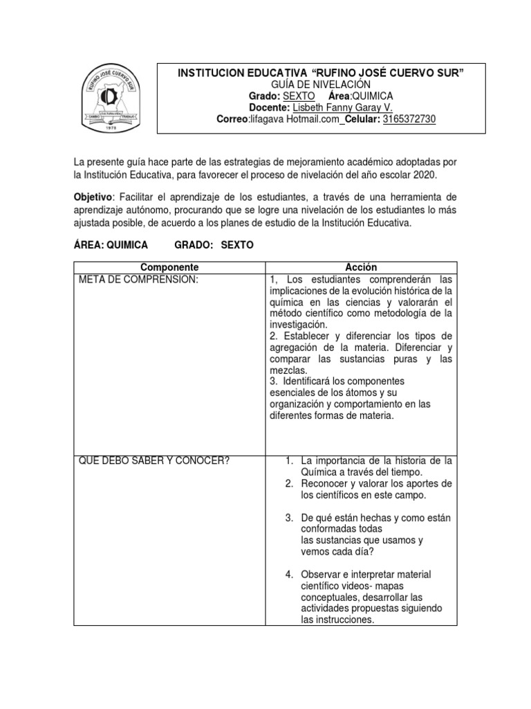 Guía De Nivelación En Química Sexto Pdf Método Científico Química