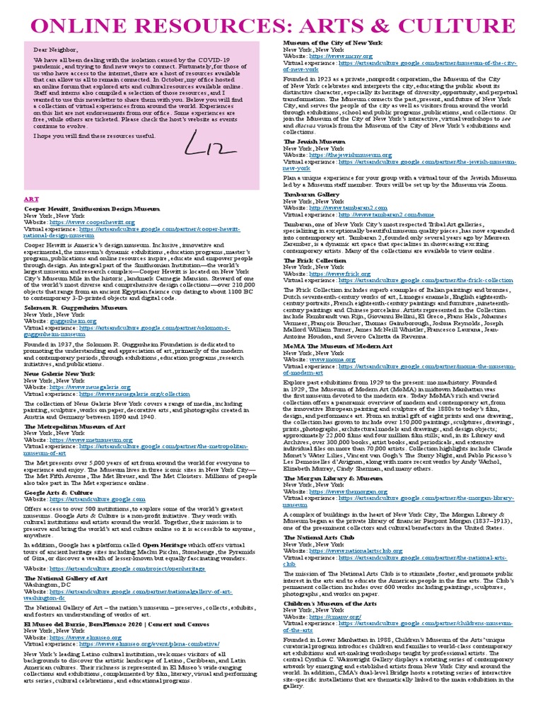Online Arts & Culture Resources Guide | PDF | Museum | Paintings