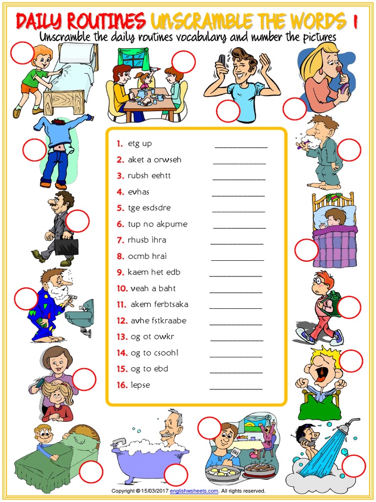 Daily Routines Vocabulary Esl Unscramble The Words Worksheets For Kids ...