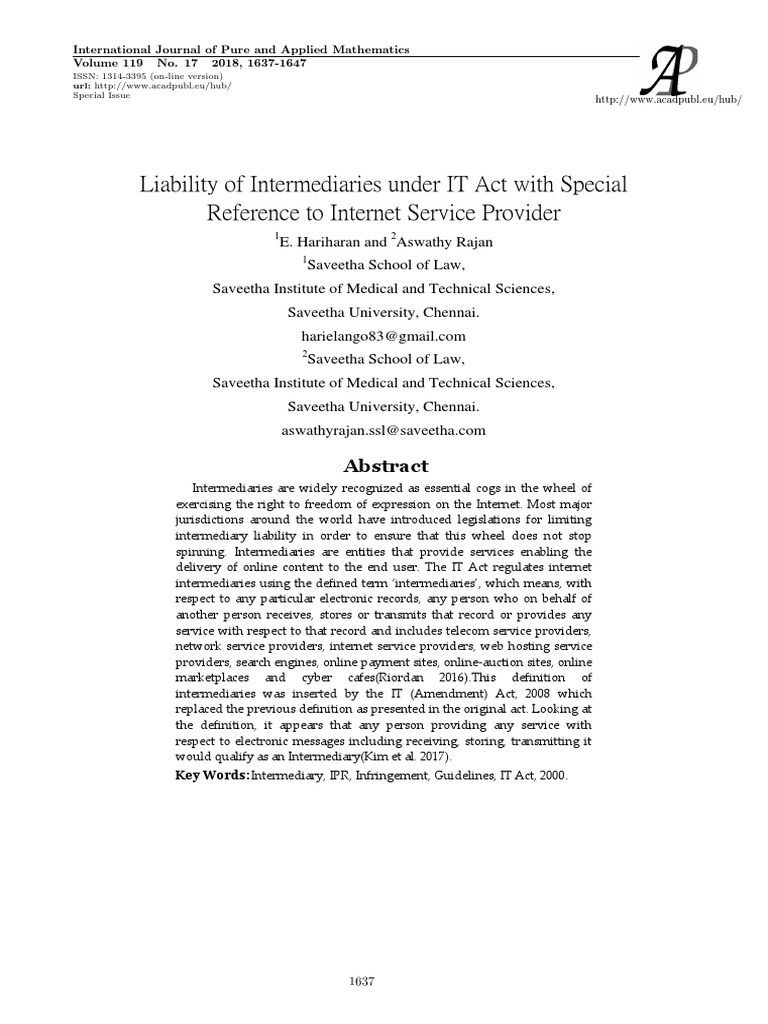 Liability of Intermediaries Under IT Act With Special Reference To ...