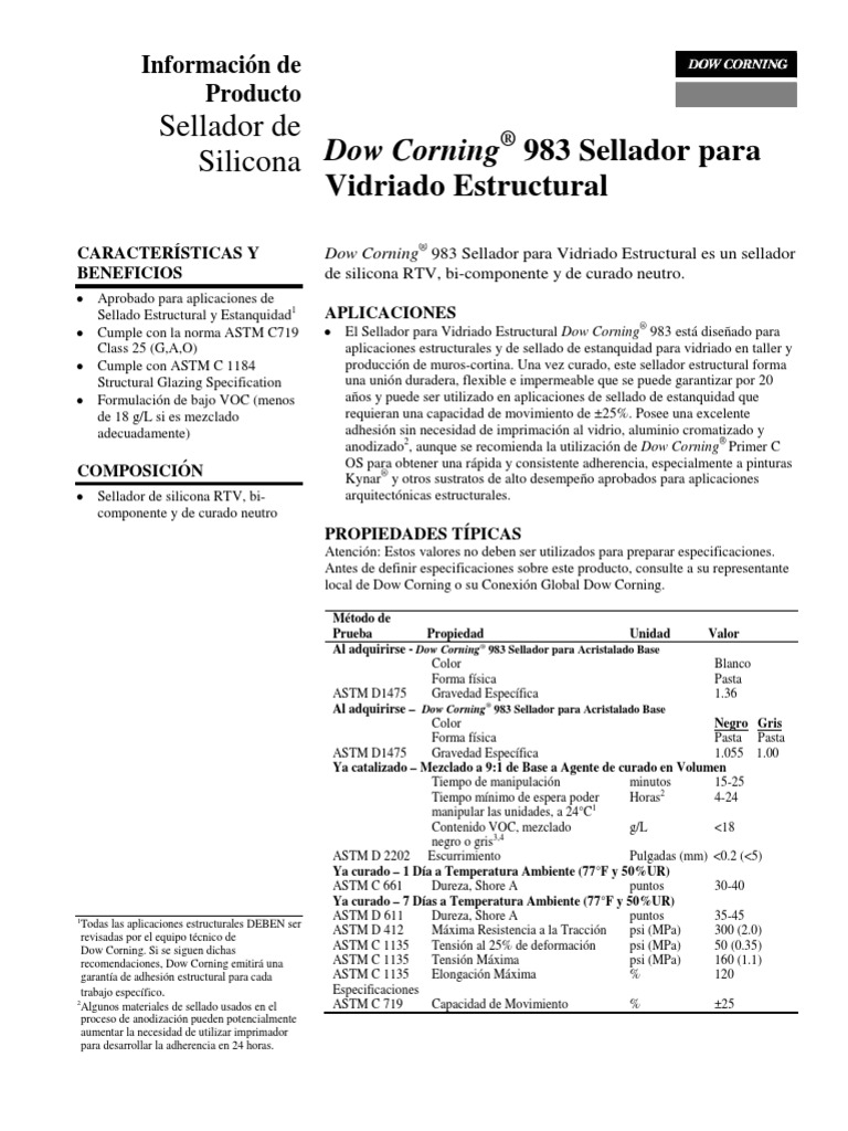 Ficha Tecnica 983 Dow Corning (Silicona Estructural) | PDF | Silicona ...