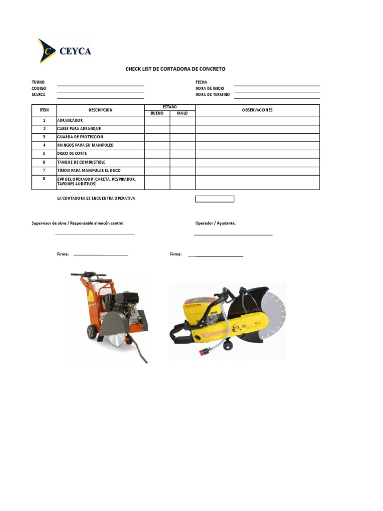 Check List Cortadora de Concreto | PDF