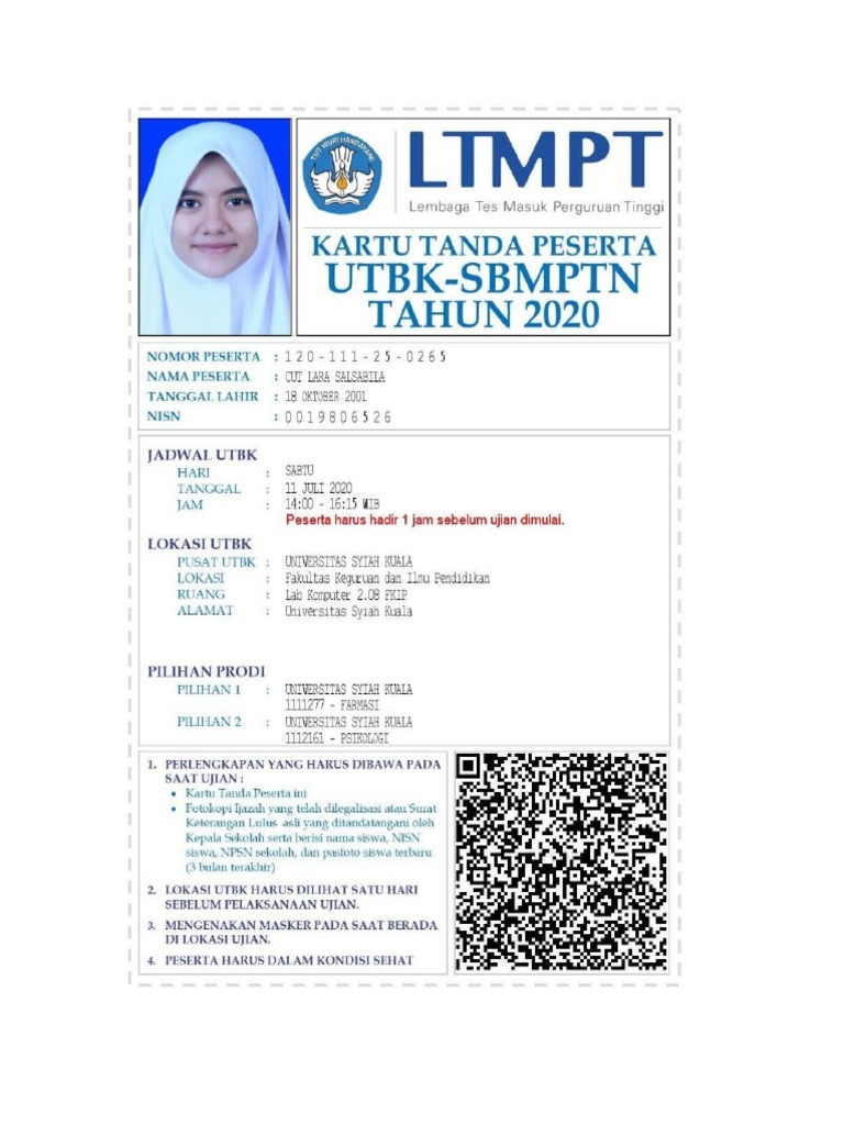 Kartu Tanda Peserta Utbk-Sbmptn Tahun 2020 | PDF