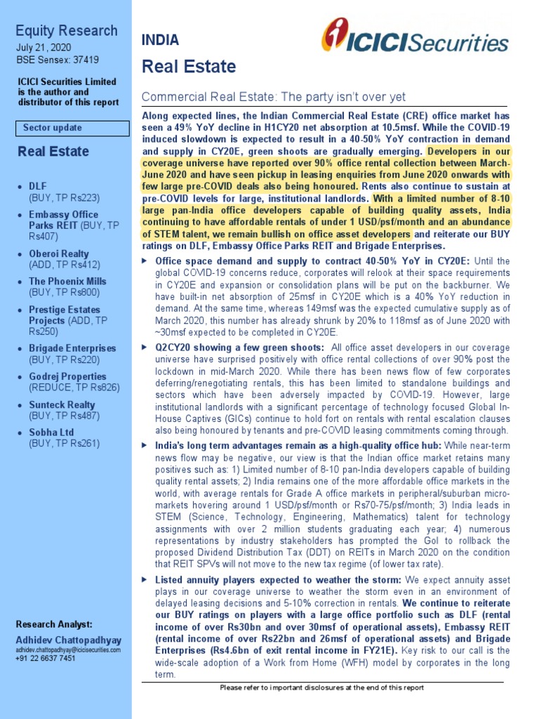 ICICI Sec - CRE Update July 2020 PDF | PDF | Real Estate Investment Trust | Renting