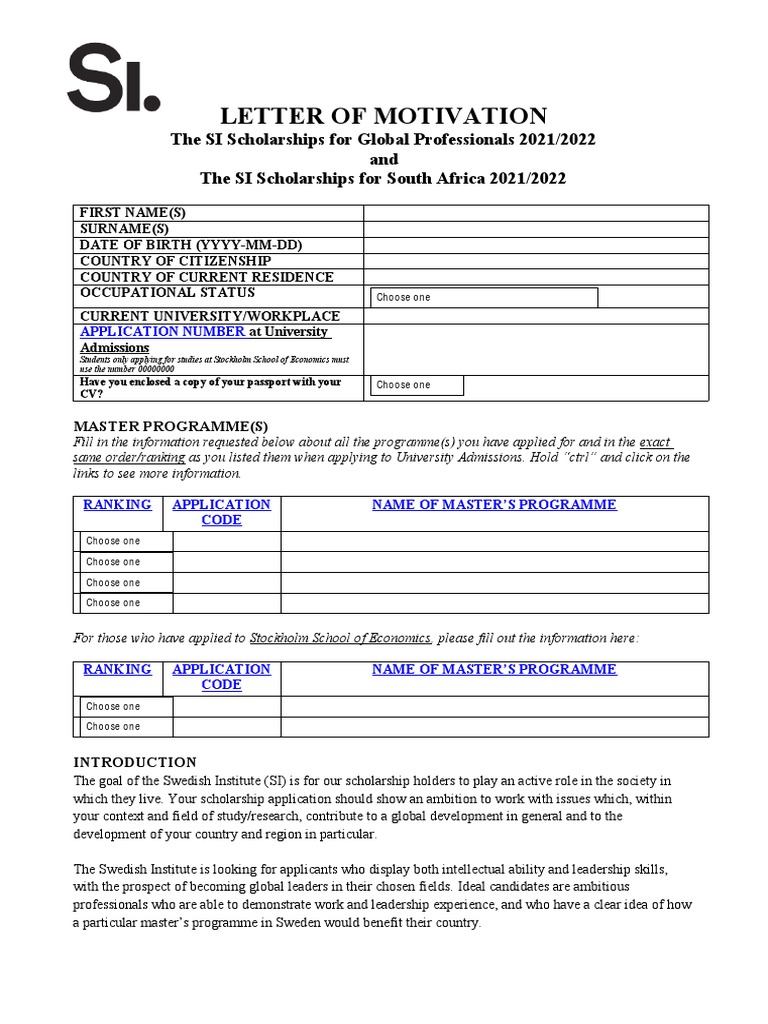 Motivation Letter Form Sisgp - Sissa 2021 2022 | PDF | Sweden | Leadership